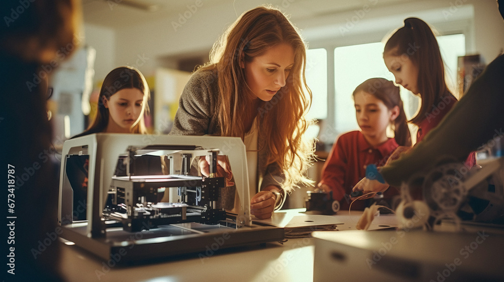 Young smart girls learning 3D printing at school, they are using a 3D ...