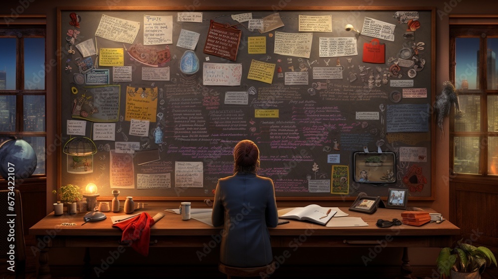 A highly detailed digital depiction of a New Year's resolution board ...