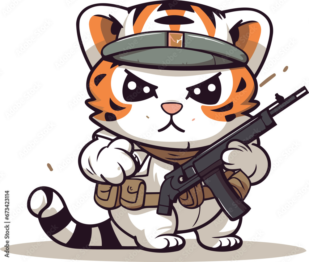 Cute tiger in military uniform with a machine gun. Vector illustration ...