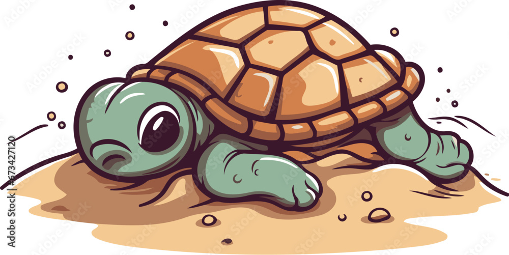Cartoon turtle on the sand. Vector illustration of a cute turtle. Stock ...