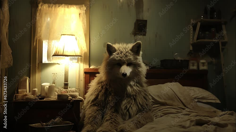 "Eerie music visualizer with a lifelike wolf sitting on a bed, its ...