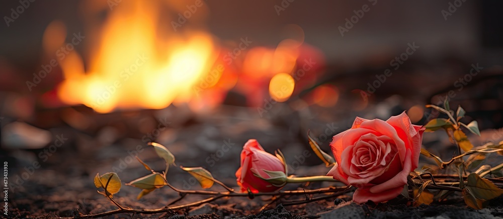 A rose flower is seen up close with an extinguished bonfire as the ...