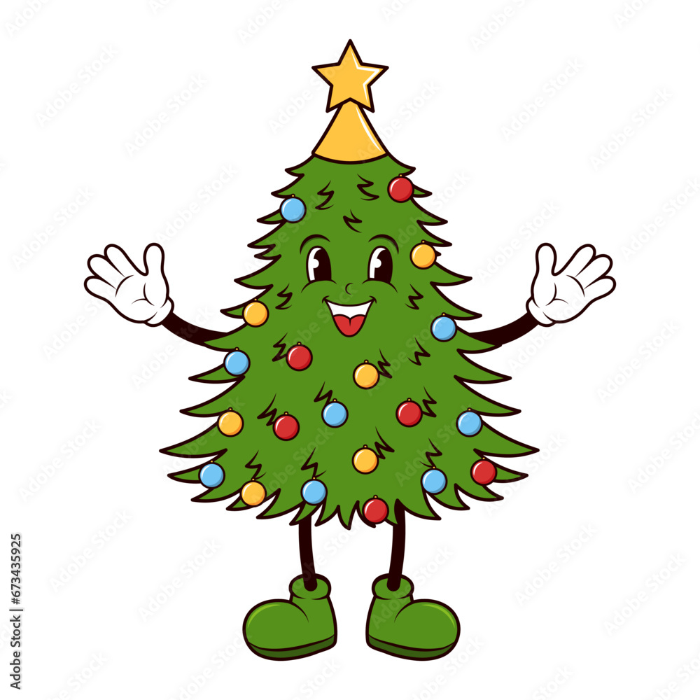 Cartoon Christmas tree in a groovy style. Funny green character with ...