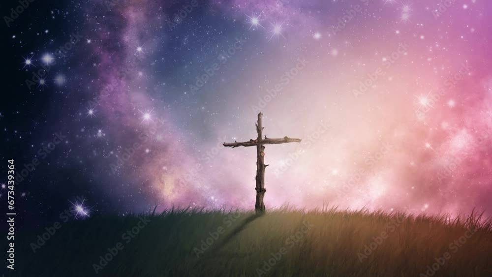 Milky Way Starry Night Sky Christian Wooden Cross On Grass Hill 4K ...