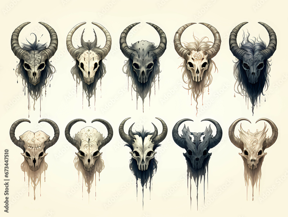 8 types of Satanic Goat Head horns Sheep Skull in hand-drawn style ...