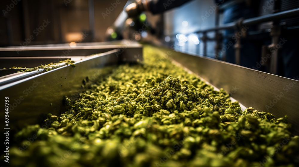 The conveyor belt in action, up close, with aromatic hops and roasted ...