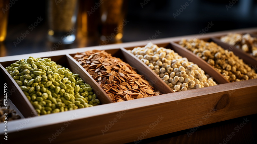 A detailed view of hops and malt grains in various stages of processing ...