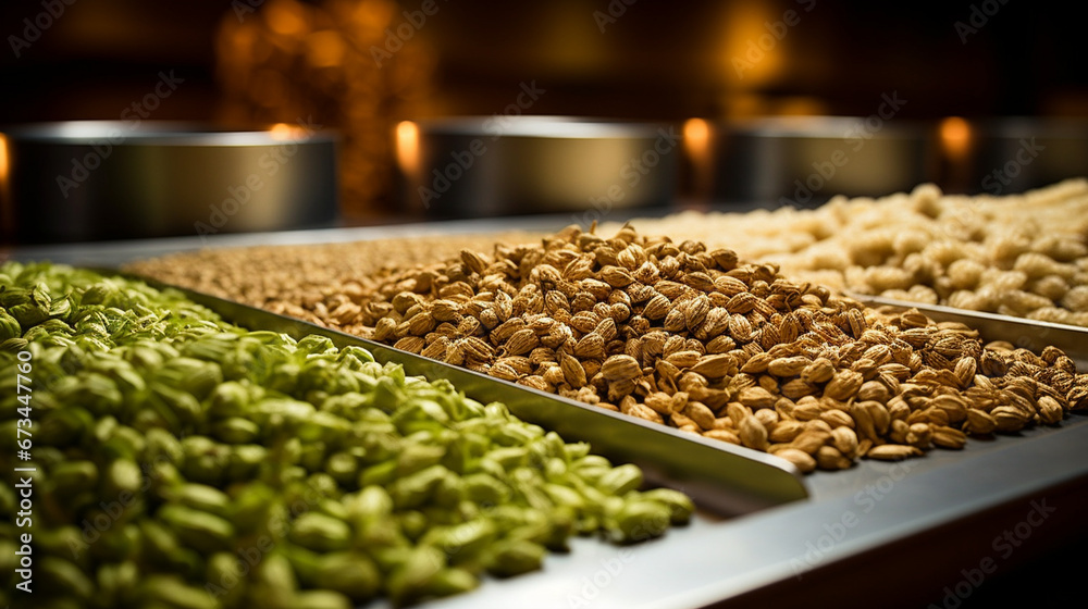 A detailed view of hops and malt grains in various stages of processing ...