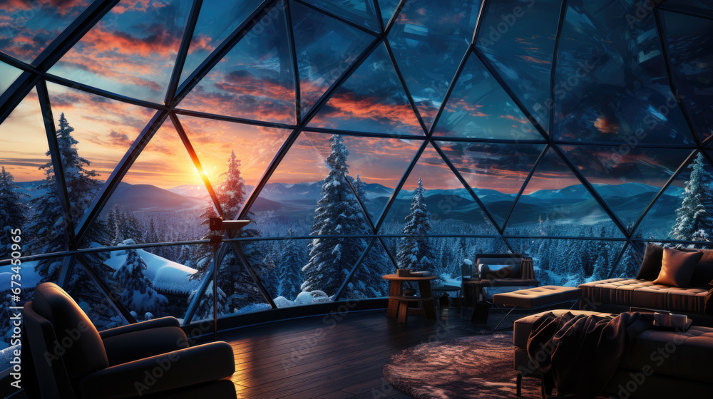 Winter holiday in a luxury modern glass igloo hotel with beautiful view ...