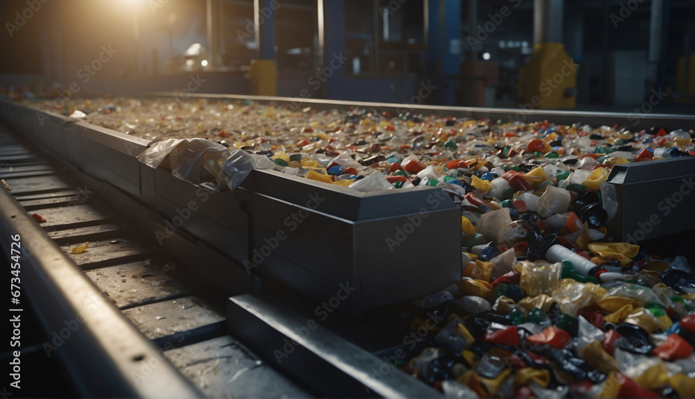 Plastic waste is processed at an industrial plant. Conveyor belts ...