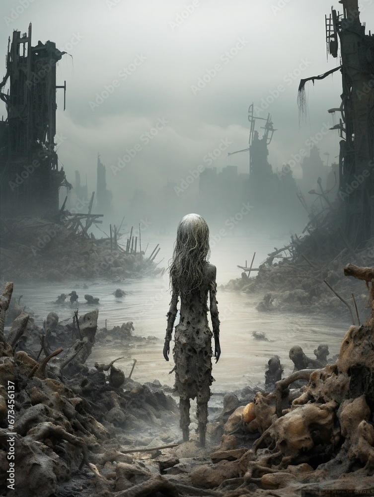 AI generated illustration of a burnt figure of a girl in a post nuclear apocalyptic landscape ...