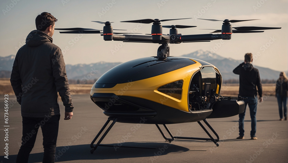 Air taxi of the future and urban air mobility. Unmanned passenger drone ...