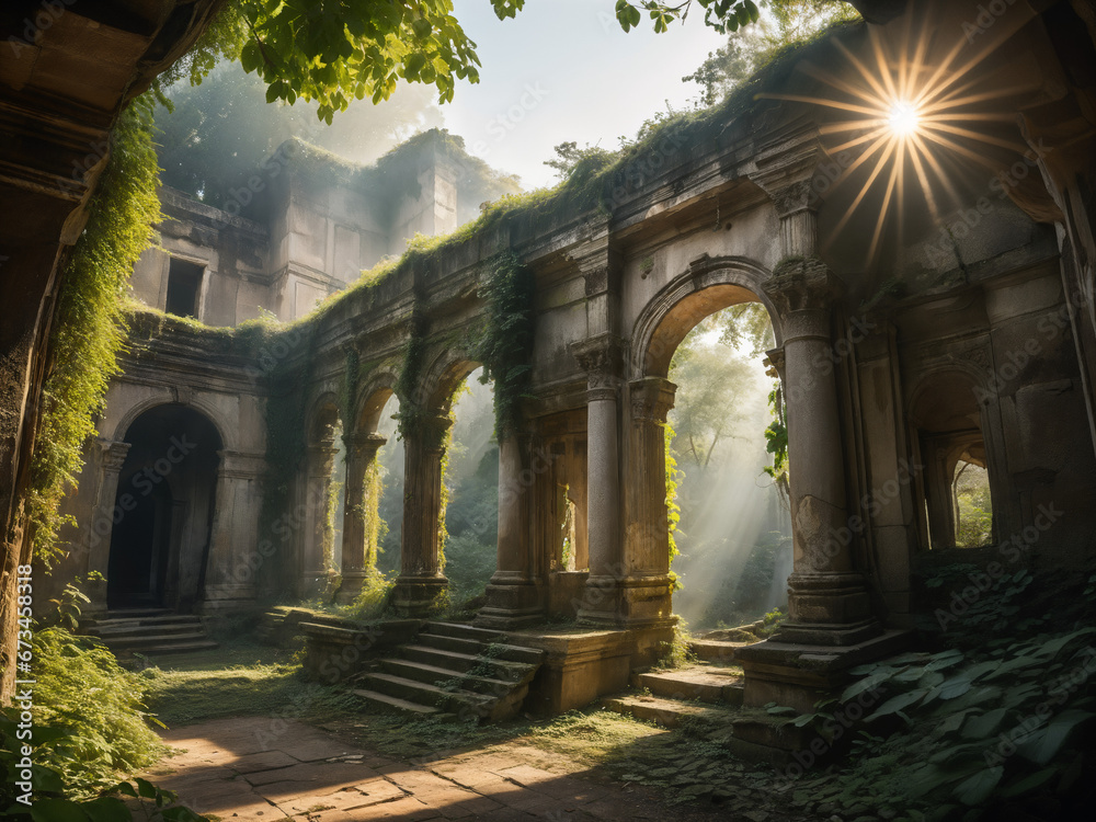 An abandoned ancient building, surrounded by dense forest, the building ...