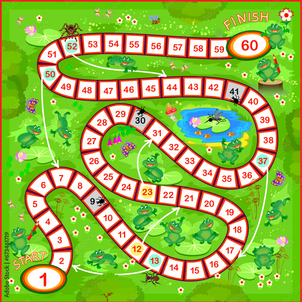 Board game for little children with a dice. Funny adventures with frogs ...