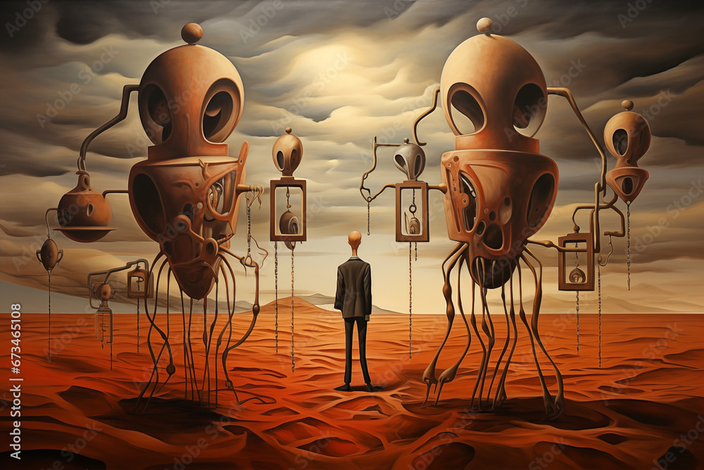 illustration of abstract world in style of surrealism, man travels ...