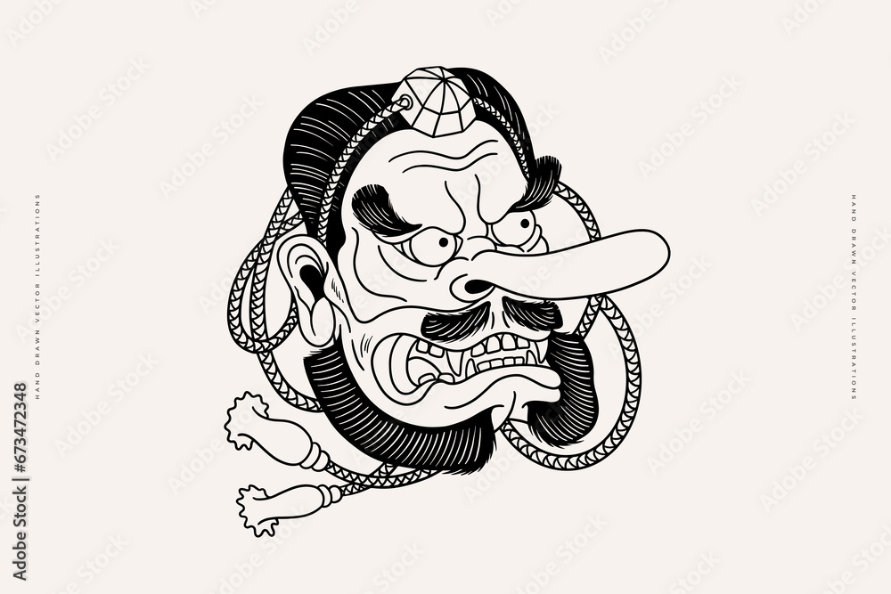 Tengu mask in line style. Japanese mythical deity. A traditional part ...