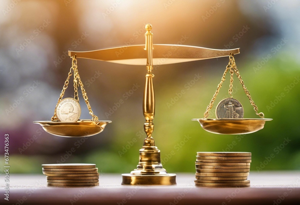 AI generated illustration of a golden balance scale with two weights ...