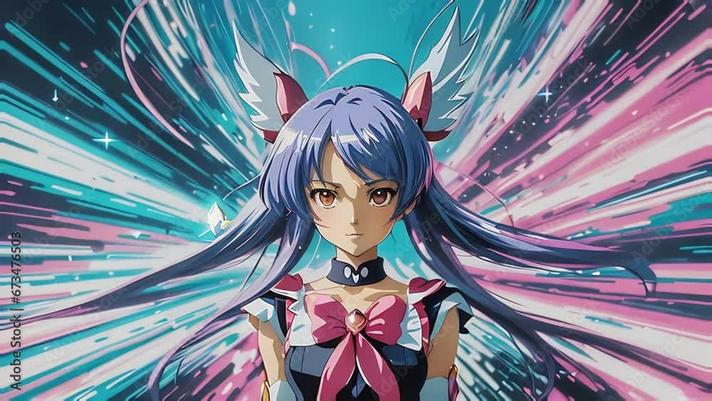 Beautiful girl in anime style with long blue-red hair on a pink and ...