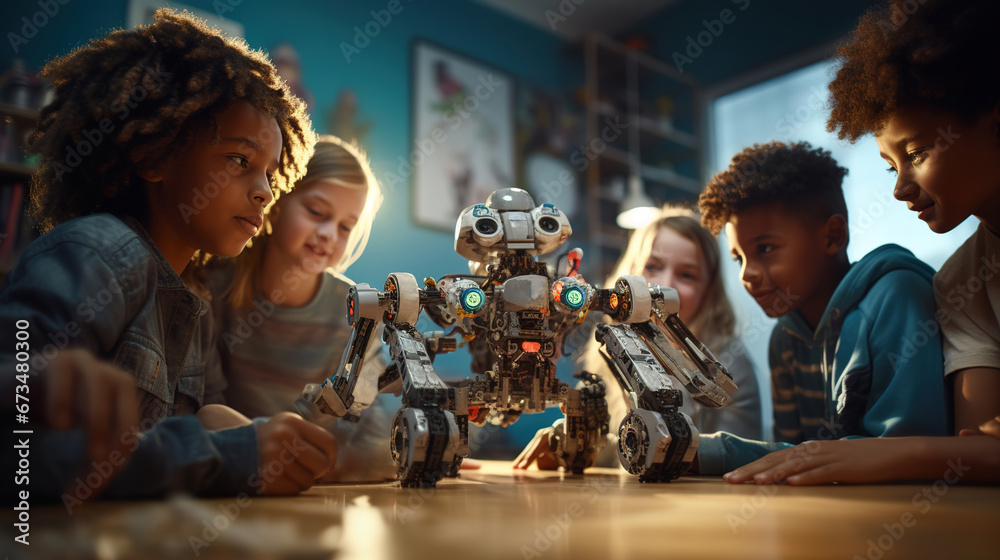 Diverse schoolchildren build a robot using computers . Happy ...