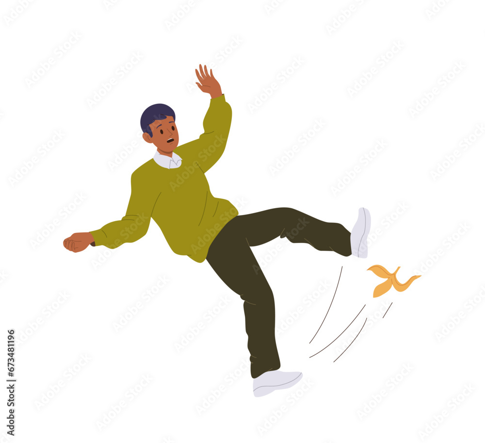 Falling man cartoon character slipping on banana peel and lost balance ...