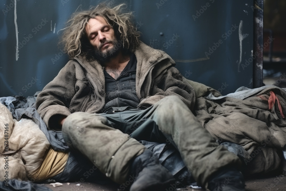 Homeless beggar sitting on ground on street. Poor, hungry, frozen, sick ...