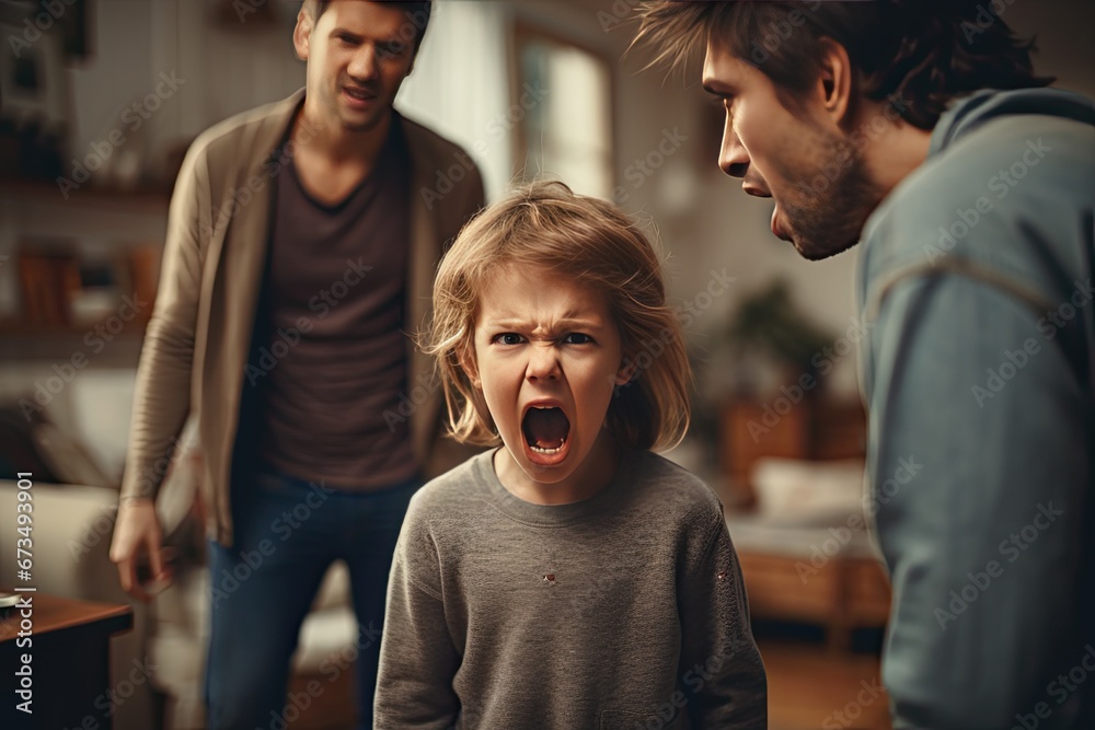 crying child with parents arguing in the background. The image tells a ...