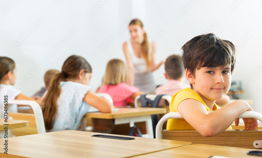 Smiling diligent elementary school student preteen boy studying with ...
