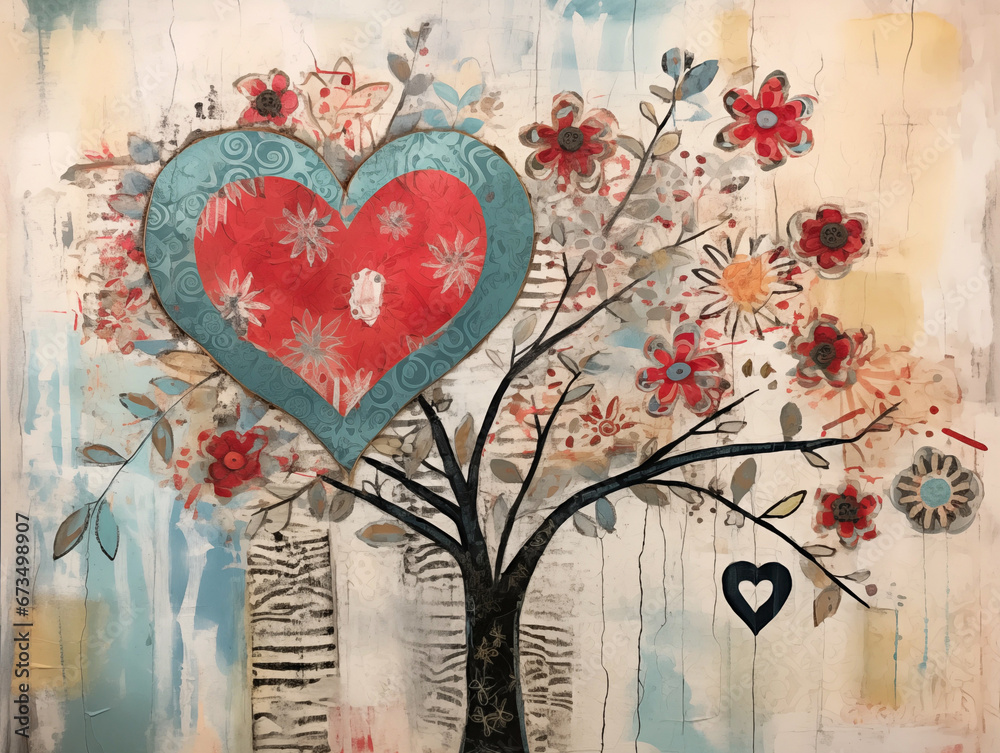 Collage of a tree, a heart on a floral background. Inspired by Mi rowsu ...