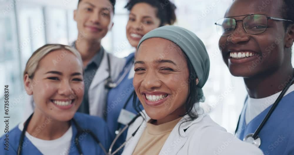 Doctors, friends and selfie in hospital for team building, solidarity ...