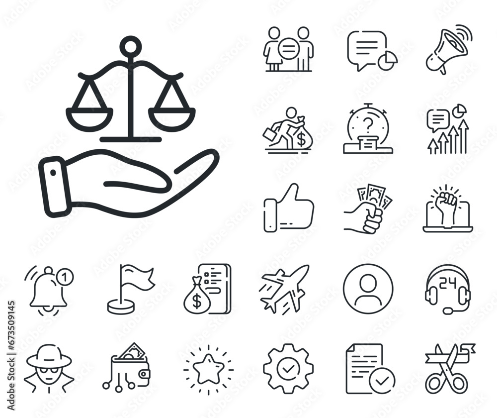 Judgement scale sign. Salaryman, gender equality and alert bell outline ...