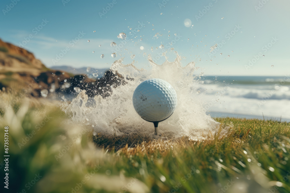 golf ball on the beach sand with sea waves and water splashes, blurred ...