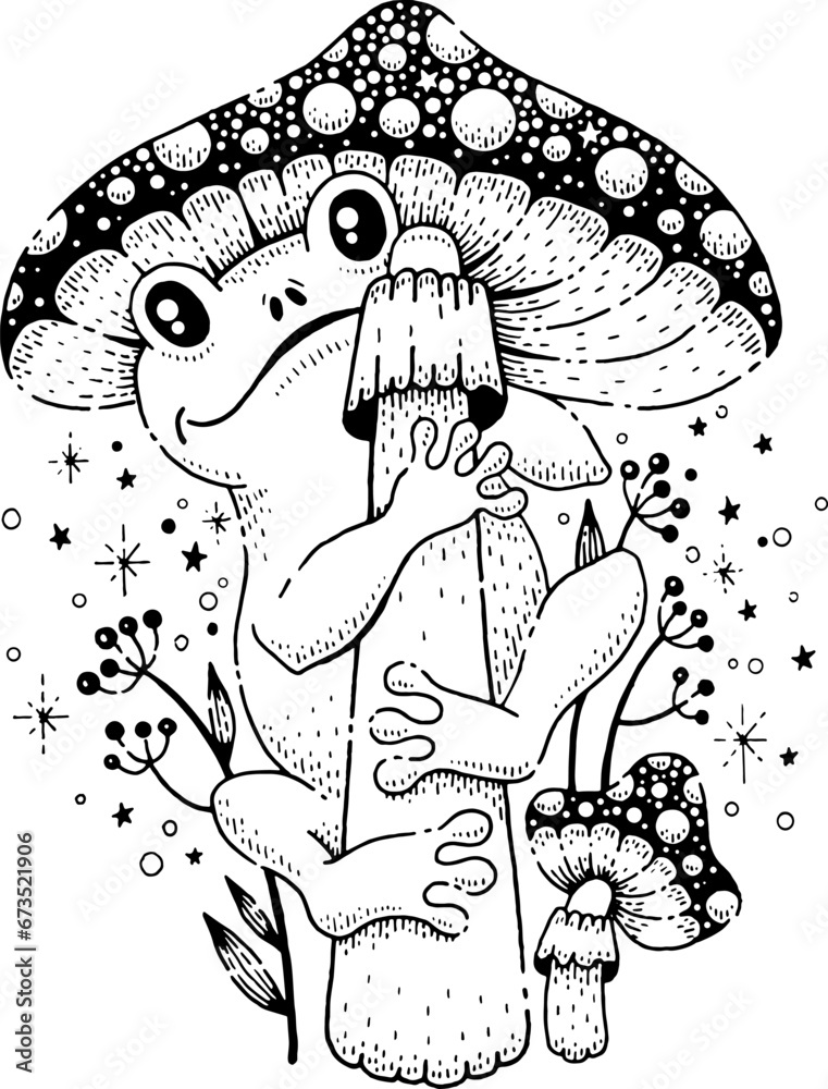 Cute frog leap on mushroom stalk. Vintage poster, tattoo print with ...