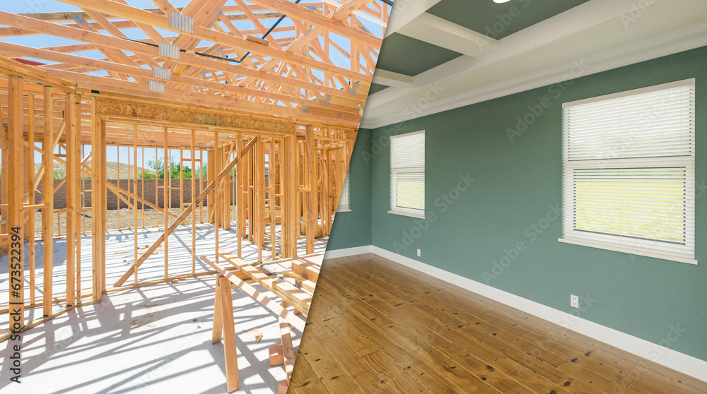 Before and After Interior of House Wood Construction Framing and ...