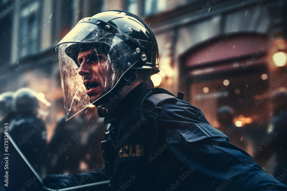 Police confronting angry crowds. Protesters behaving violently ...