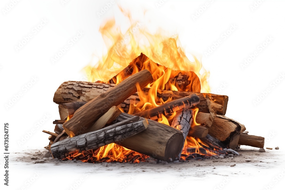 log camp fire firepit with flames, sticks, embers, ash and smoke ...