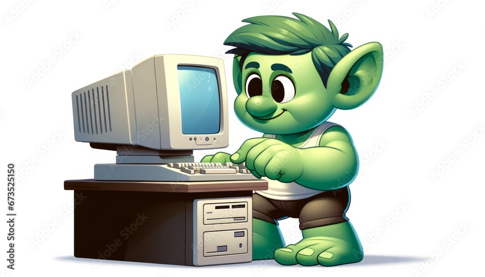 Online troll using a computer - 2D cartoon style illustration against ...