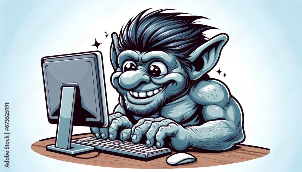 Online troll using a computer - 2D cartoon style illustration against ...