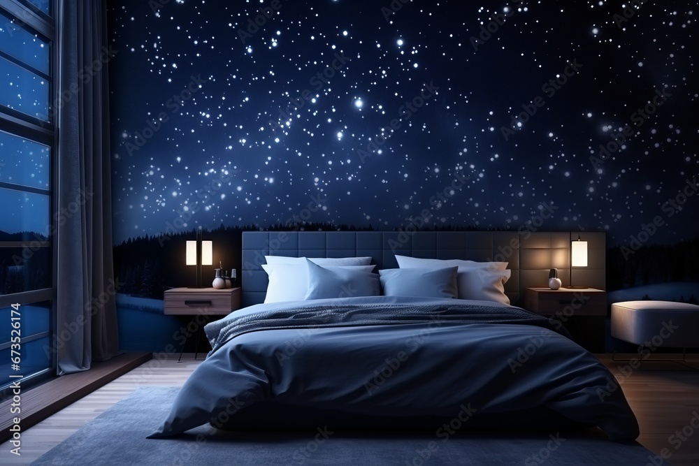 The night atmosphere of the bedroom, adorned with cosmic scenes of ...