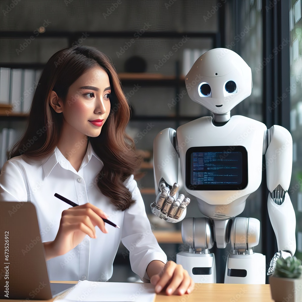 Woman and robot with artificial intelligence working together in office ...
