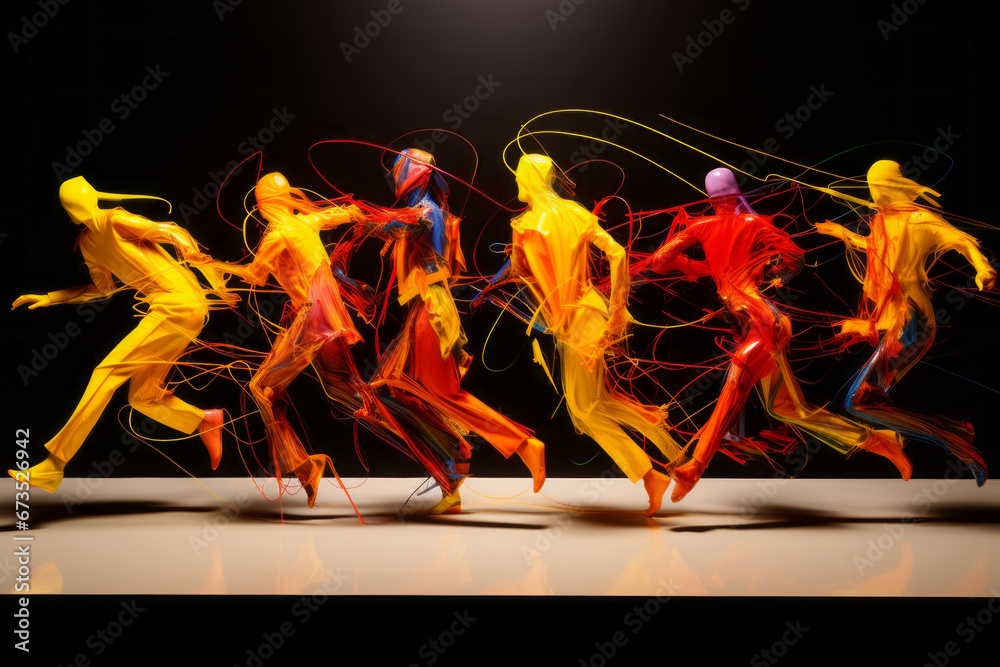 Figures of men made of paint dance dynamically in colorful waves ...