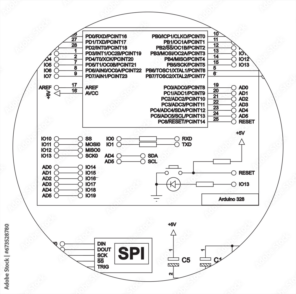 Vector round icon of electrical schematic diagram with arduino. Radio ...