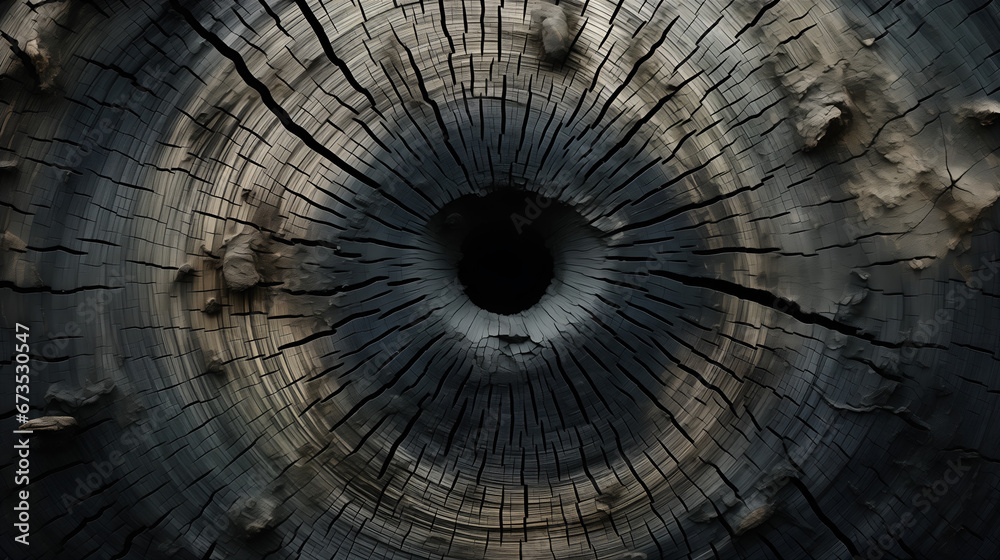A cross-section of a tree stump featuring a burnt texture and a dark ...