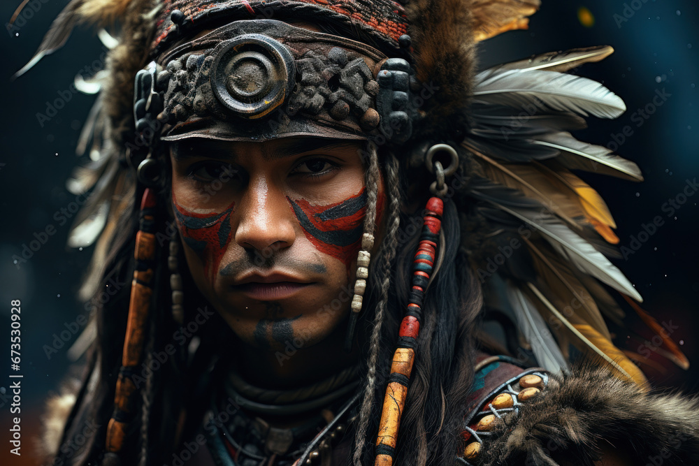 A young indigenous warrior, adorned with tribal markings and feathers ...