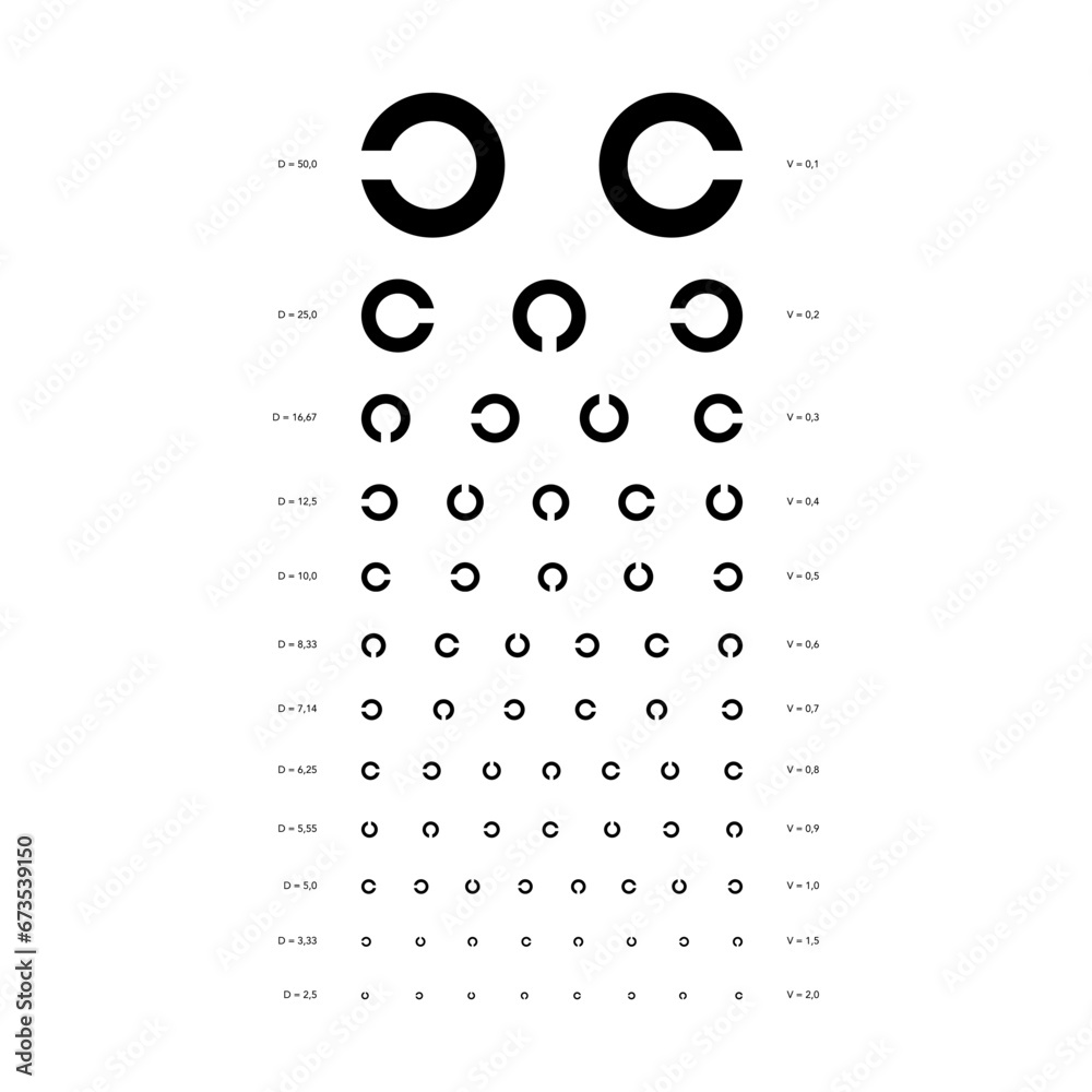 Landolt C Eye Test Chart broken ring medical illustration. Japanese ...