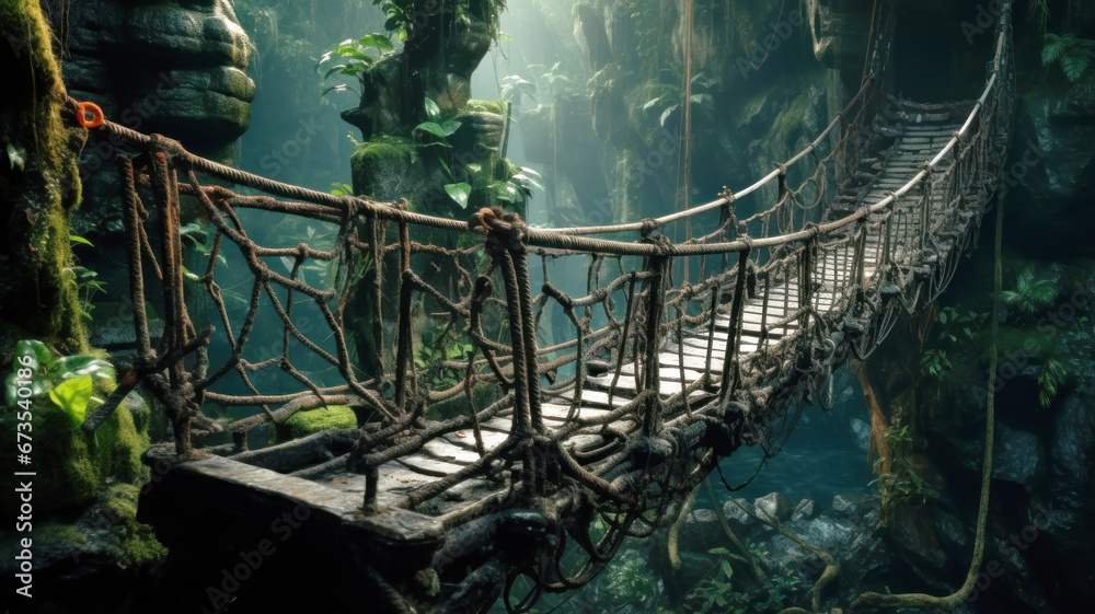 Old suspension bridge in jungle, hanging wood vintage footbridge in ...