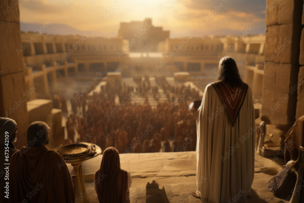 Sumerian priests conducting religious ceremonies in grand ziggurat ...