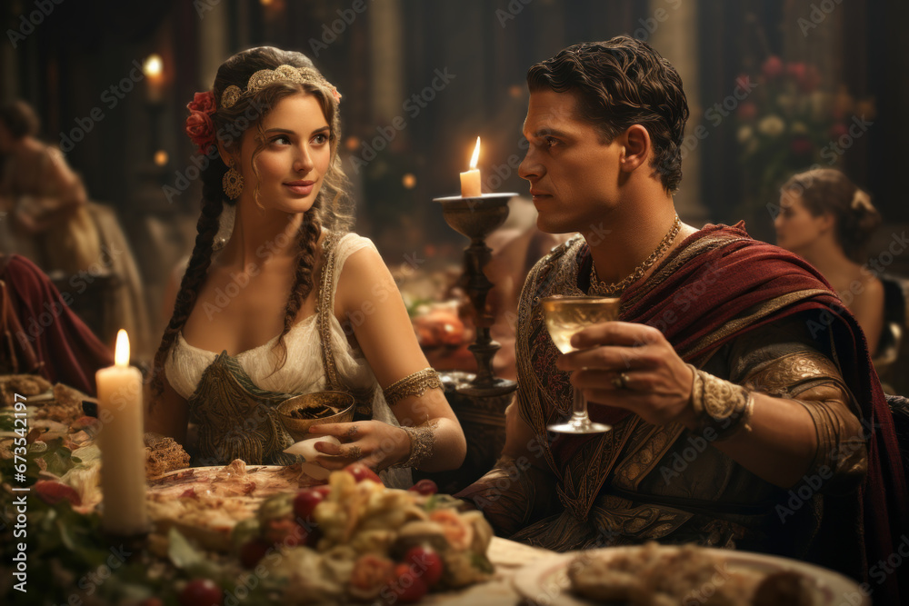 Roman patricians attending a lavish banquet, illustrating the culinary ...