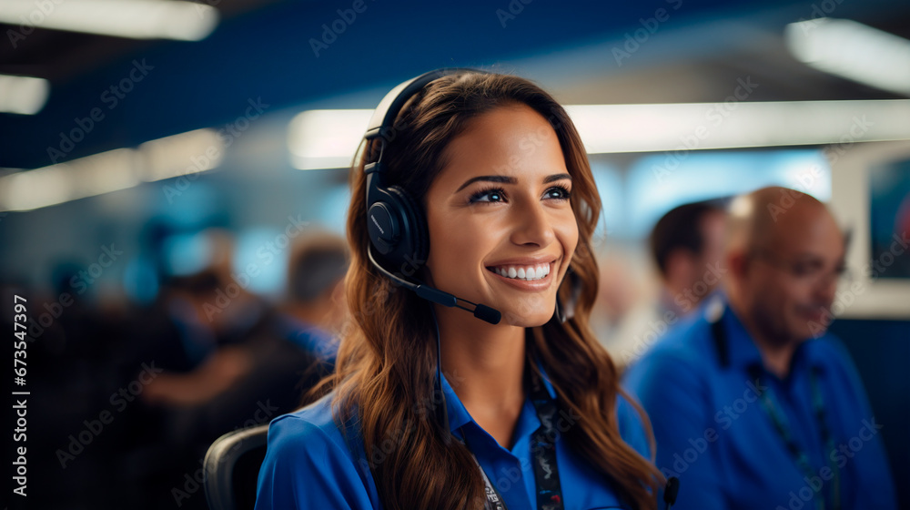 Bella Mujer de atención al cliente sonriendo, con micrófono y audífonos ...