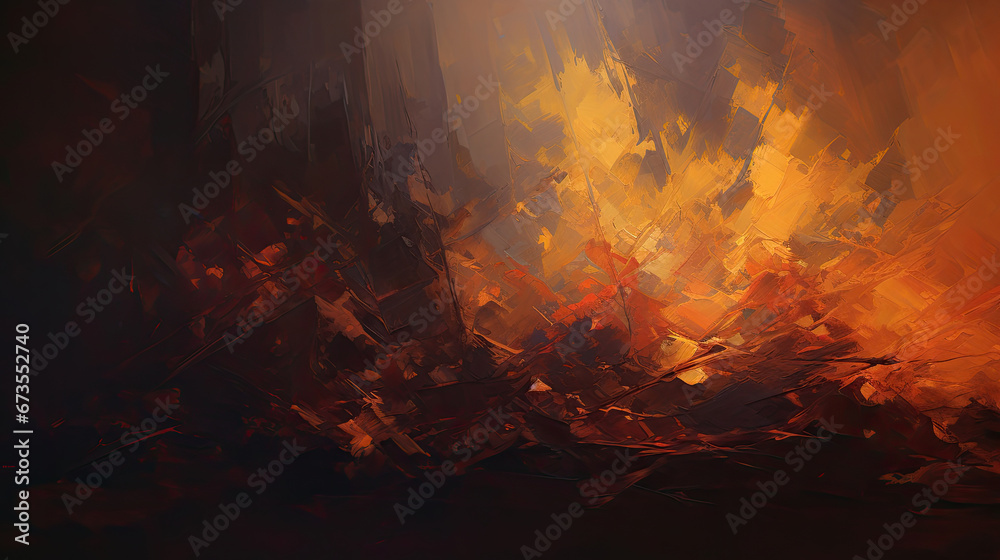 a painting of a fire in the middle of a forest. Expressive Amber color ...