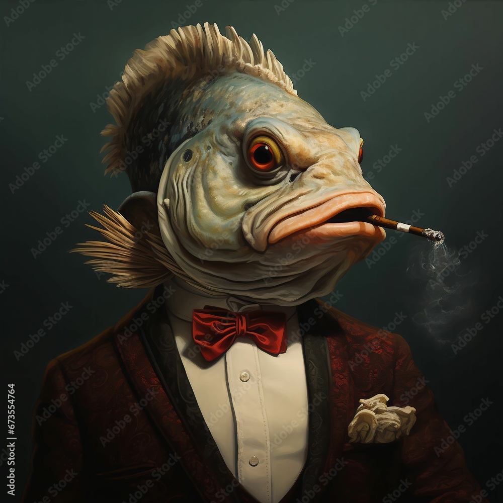 AI-generated illustration of a fish head wearing a suit and smoking ...